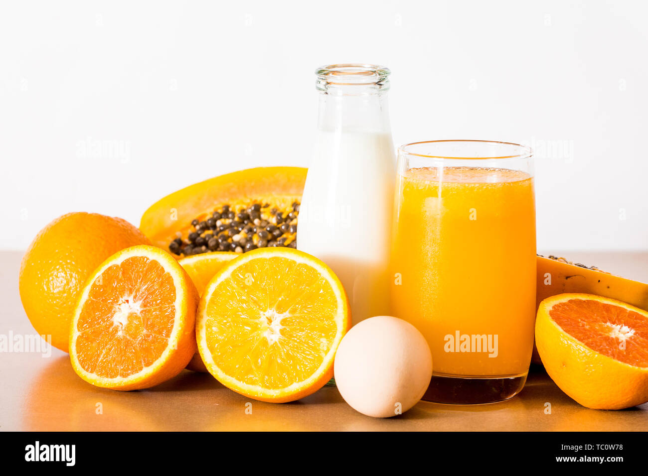 Fresh fruit, milk, orange juice Stock Photo - Alamy