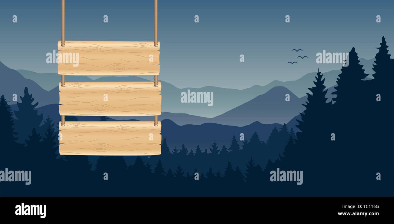 wooden hanging board at blue mountain and forest landscape vector ...