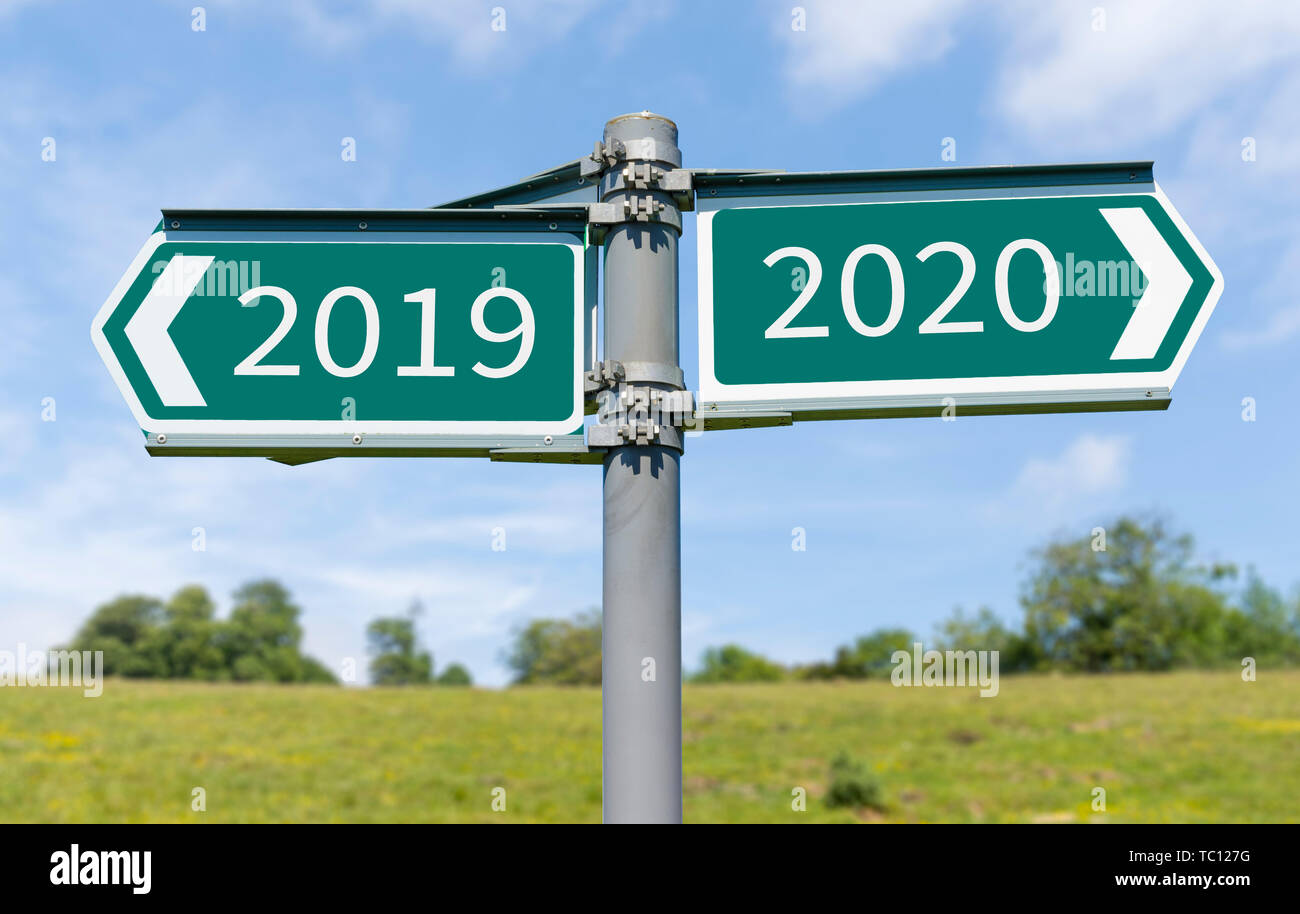 Direction sign pointing to the years 2019 and 2020. This or next year ...