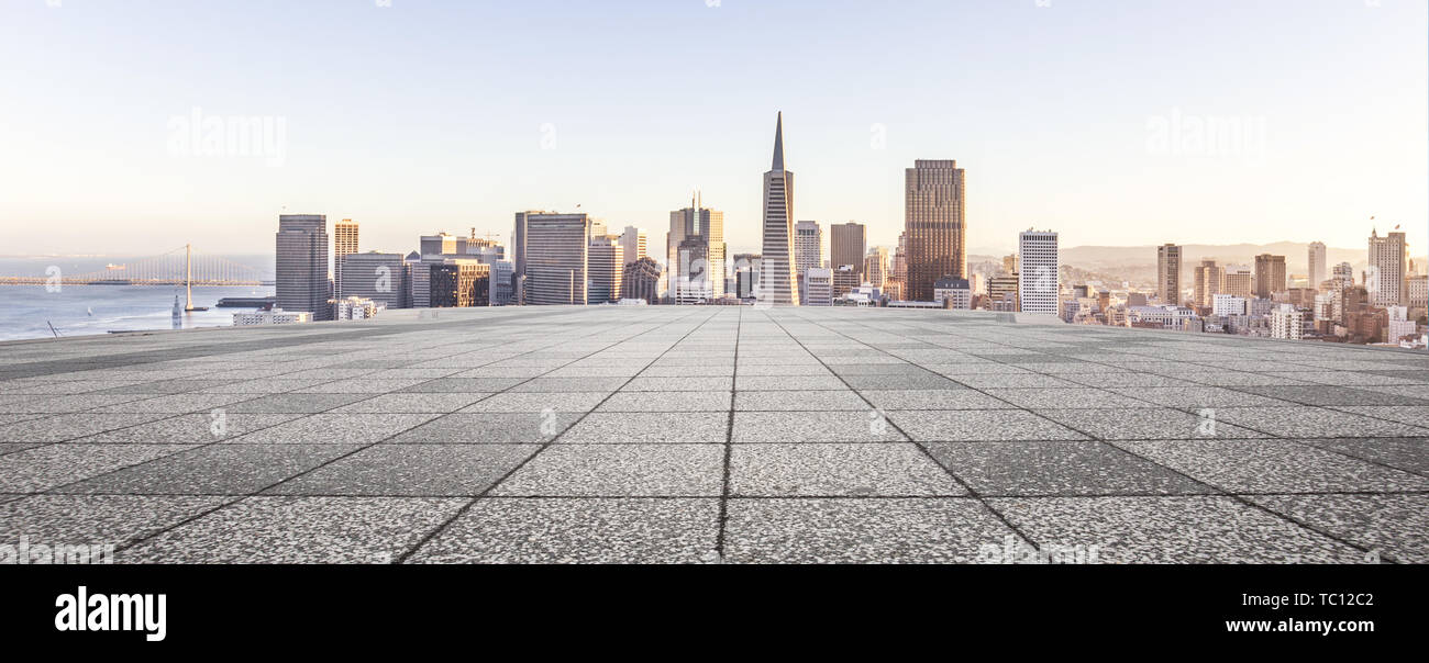 empty brick floor and cityscape of modern city Stock Photo - Alamy