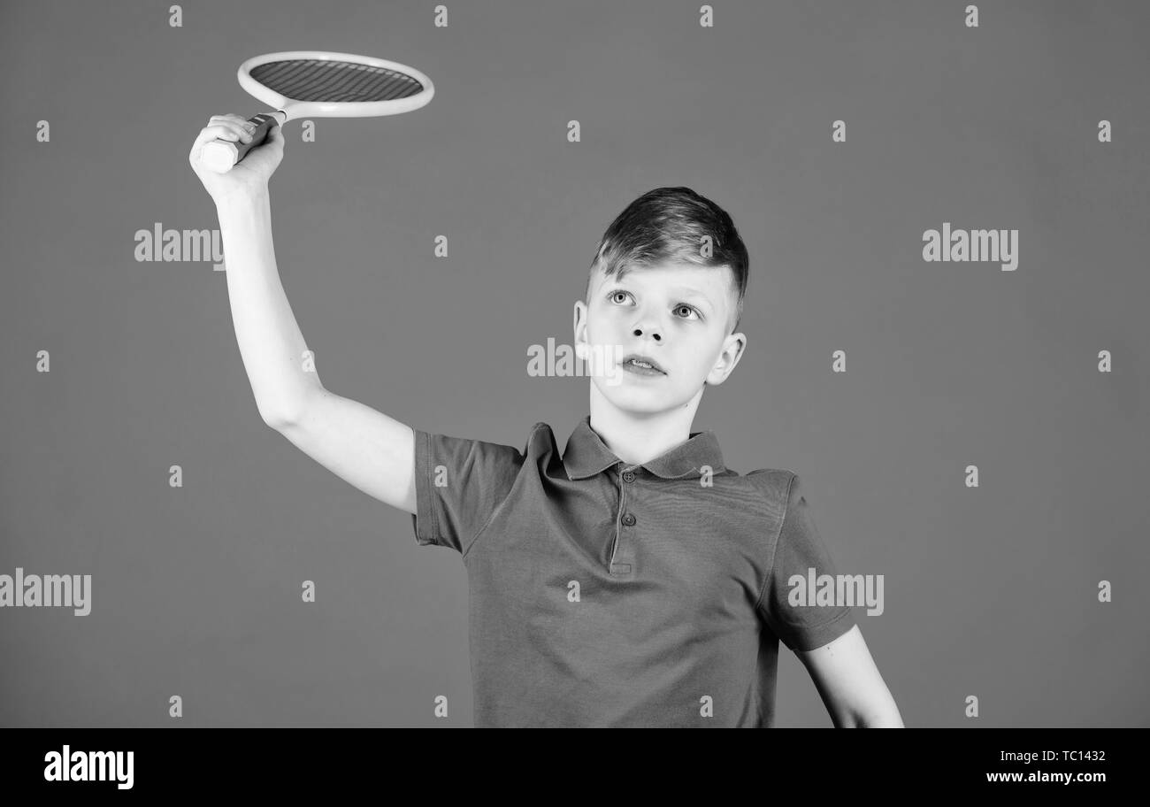 Boy child play tennis. Practicing tennis skills. Guy with racket enjoy ...