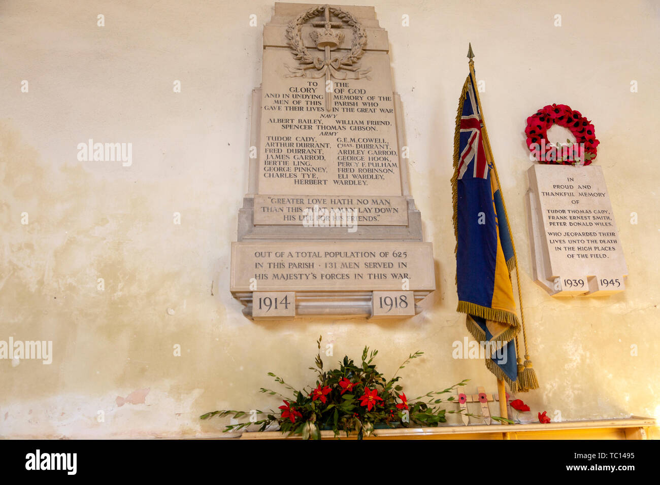 War memorial flag and poppy wreath inside the church at Tunstall ...