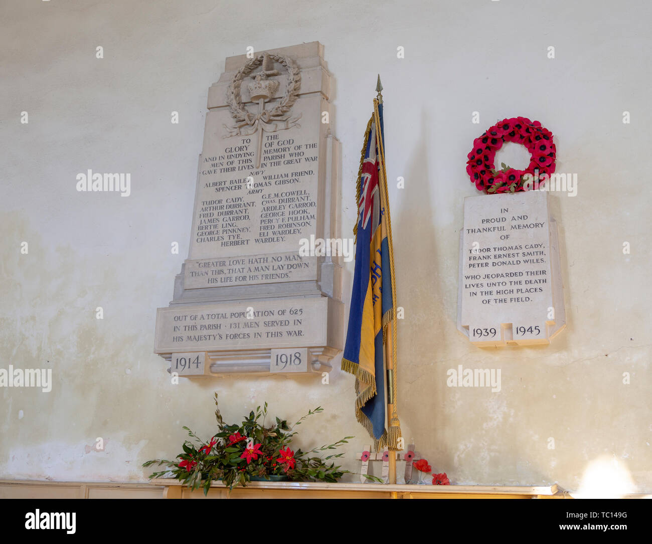 War memorial flag and poppy wreath inside the church at Tunstall ...