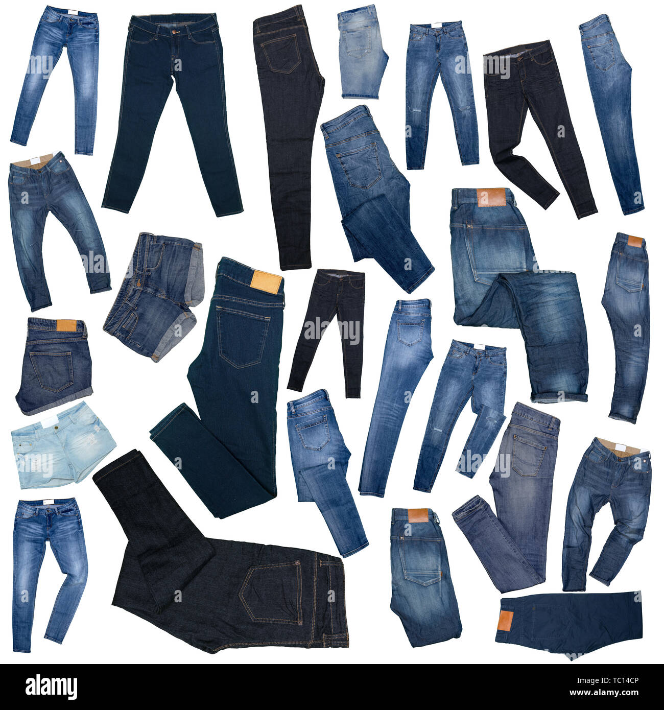 Collage of womens jeans. Isolated on white background Stock Photo - Alamy