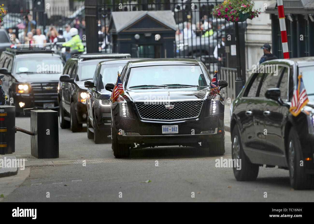 The motorcade with US President Donald Trump's limousine, nicknamed ...