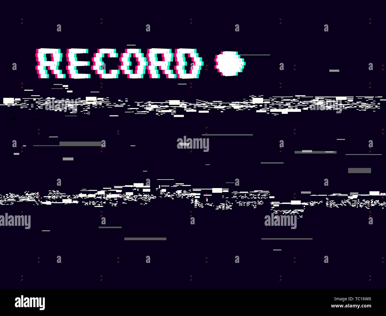 Glitch record with white distortions on black background. VHS concept ...