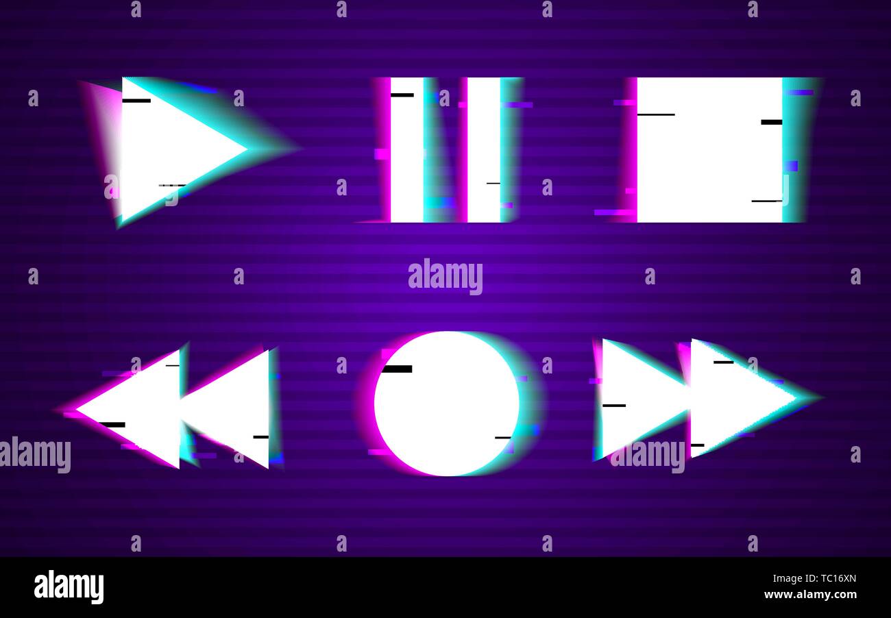 Glitch set of buttons. Minimal design. Play, rewind, stop, pause,record ...