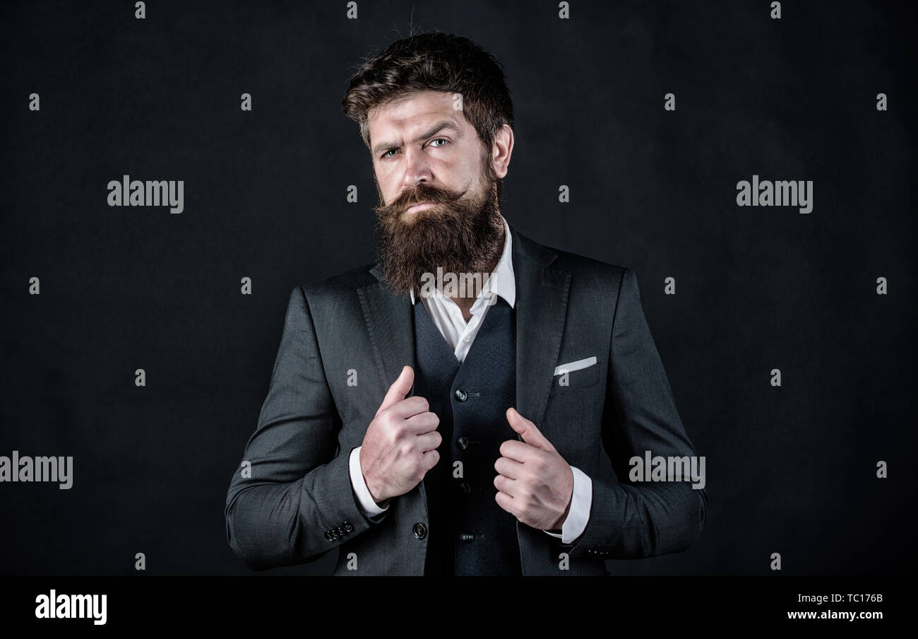 I love my job. Bearded man mafia boss. Male formal fashion. Stylish ...