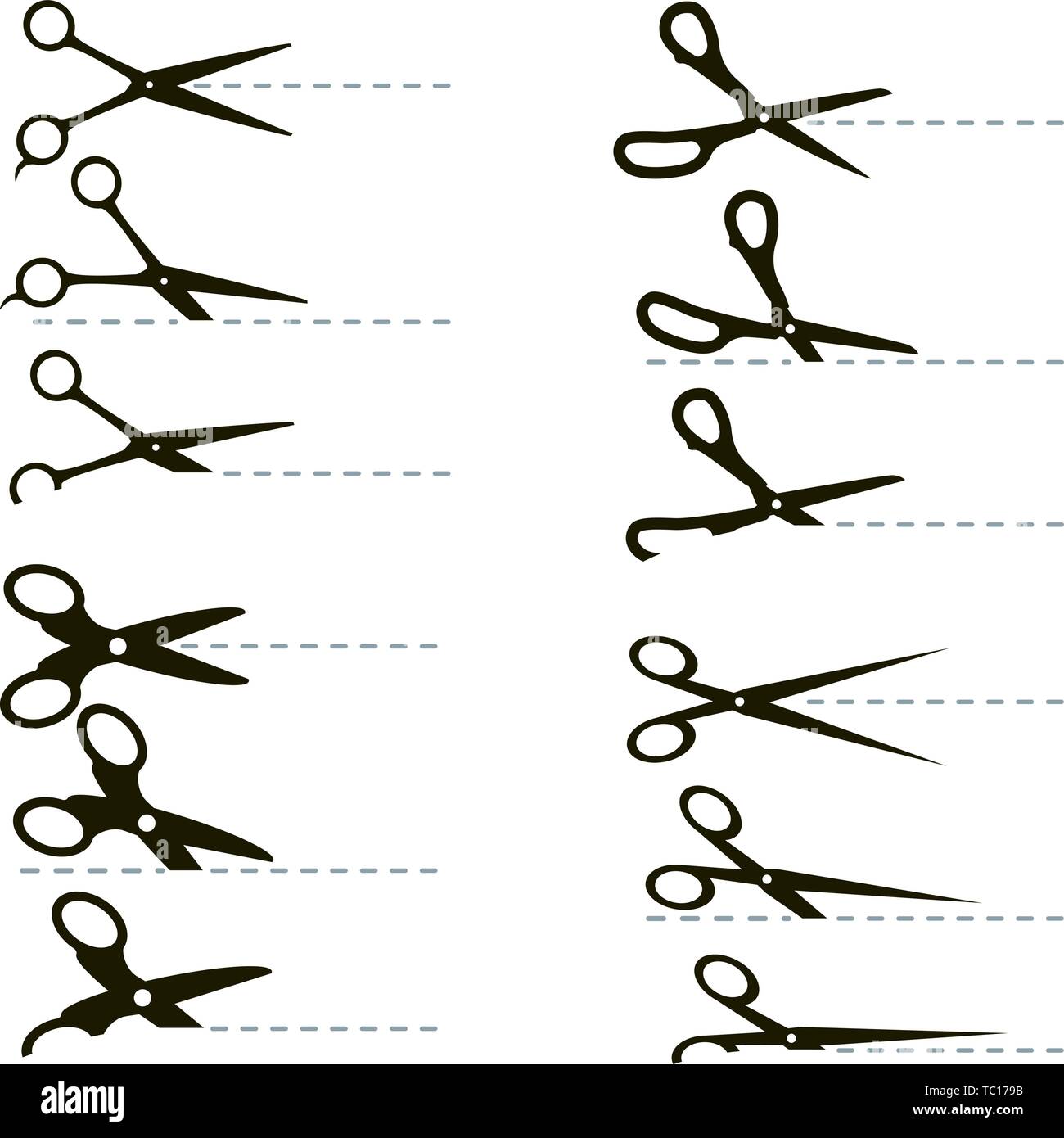 Vector illustration. Scissors set icons in flat style with dotted line ...