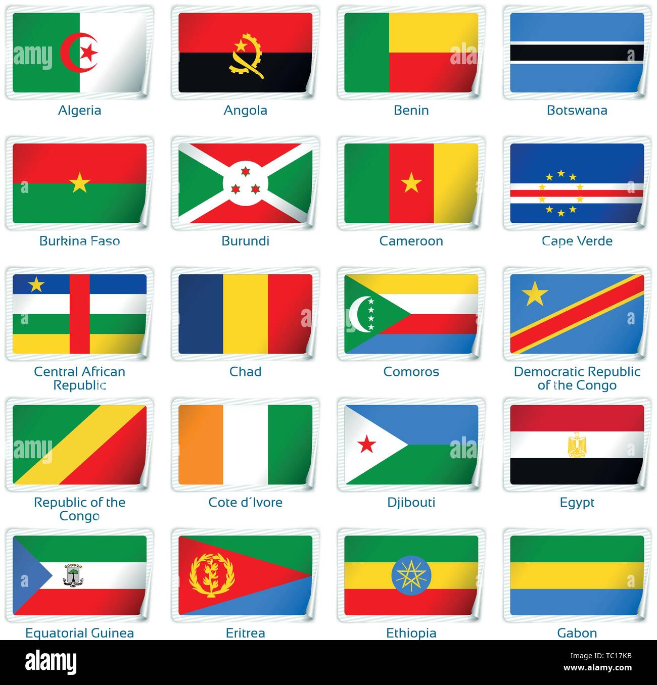 Sticker flags Africa one. Vector illustration. 3 layers. Shadows, flat ...