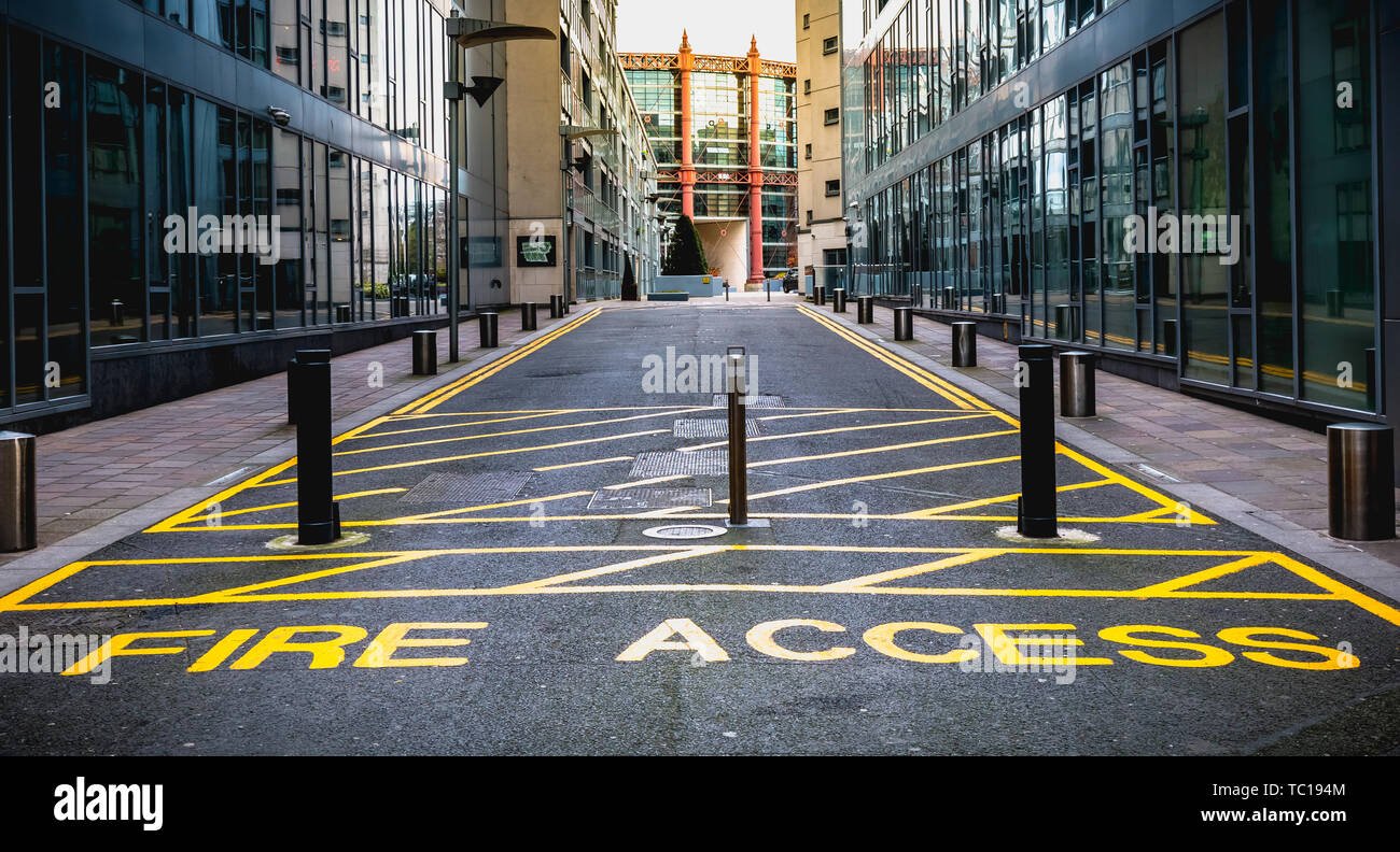 Dublin, Ireland - February 12, 2019: Fire Access Keep Clear with yellow ...