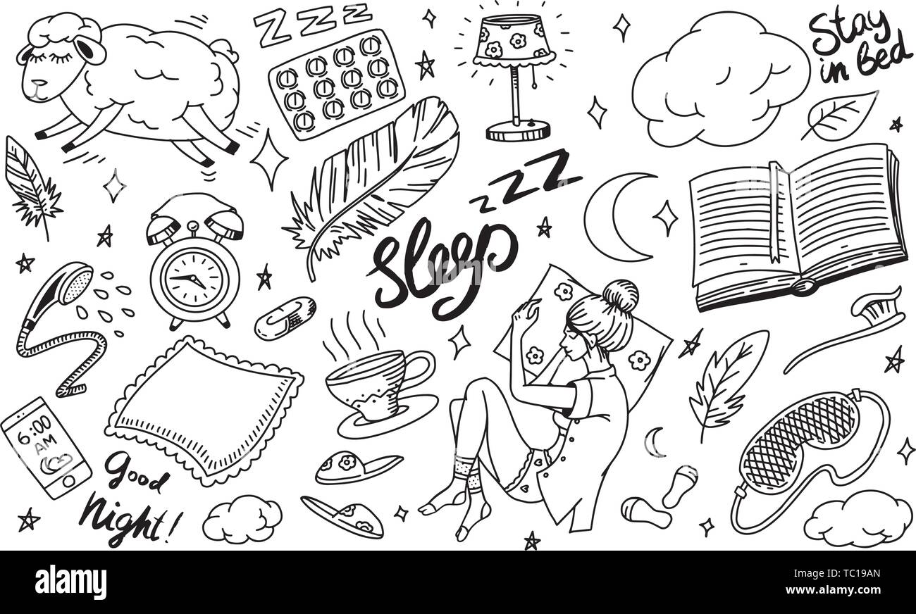 Sleep time concept. Hand drawn night background. Sheep Pillow, Girl in ...