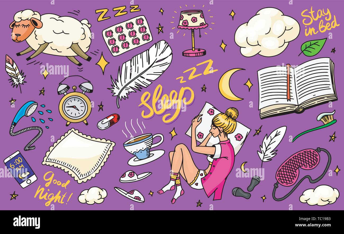 Sleep time concept. Hand drawn night background. Sheep Pillow, Girl in ...