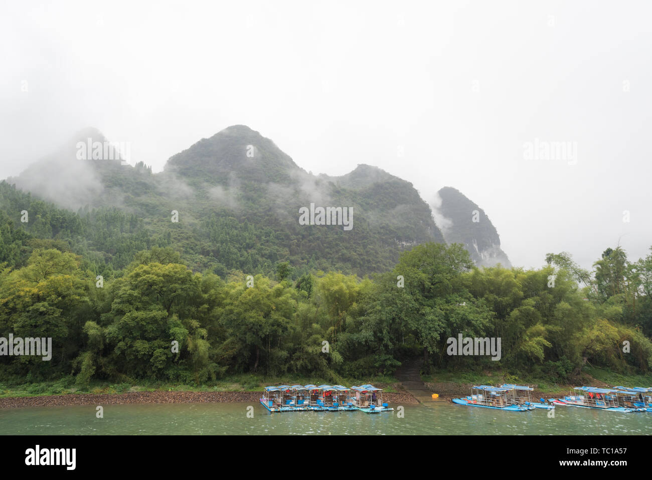 Landscape of the Li River in Guilin, China in the smoke and rain Stock ...