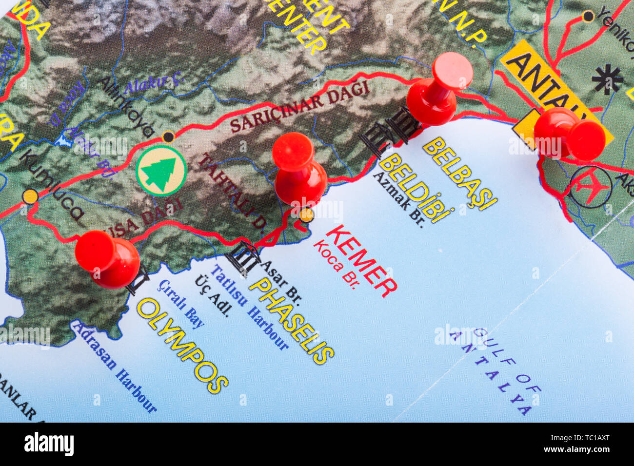 Travel destination points on a map indicated with colorful thumbtacks ...