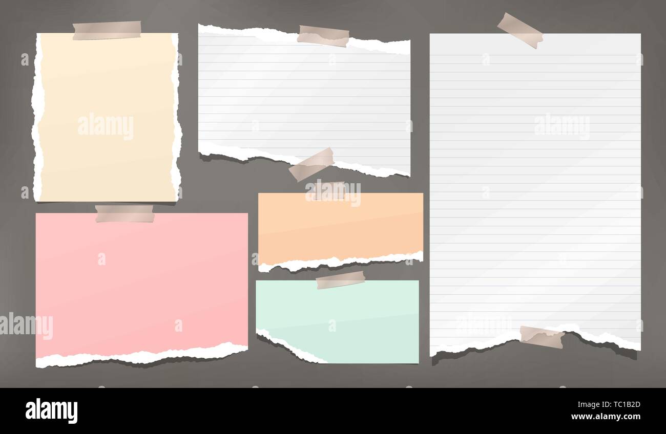 Ripped white and colorful note, notebook paper strips stuck wiht sticky ...
