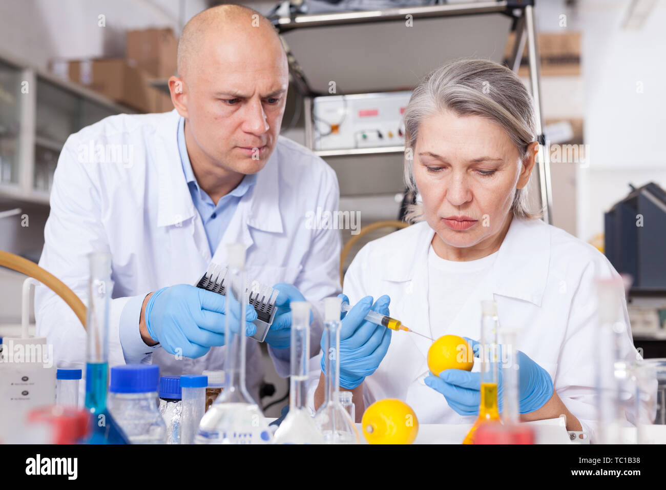 Two experienced biochemists performing GMO experiments in modern ...