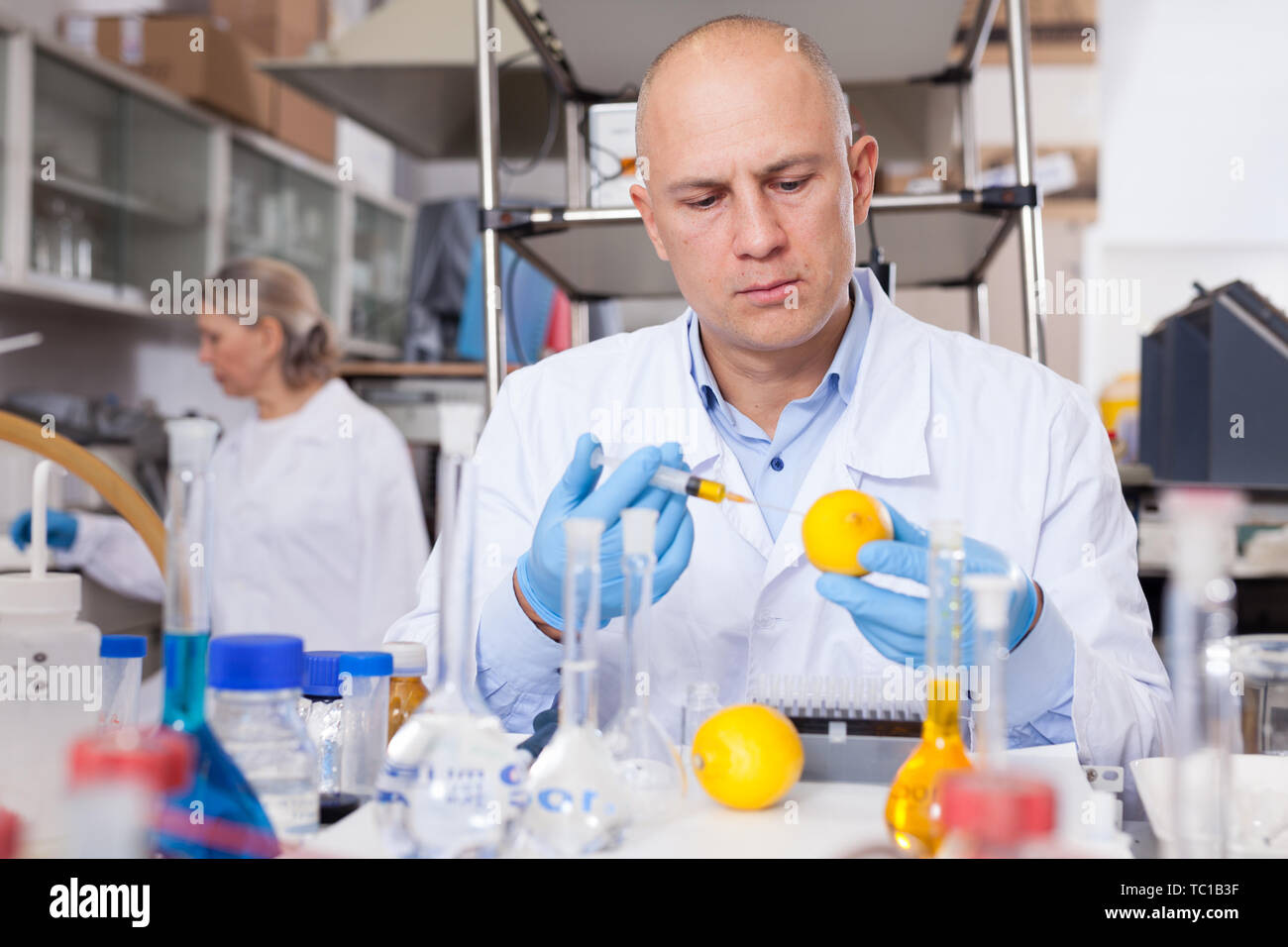 Experienced biochemist performing GMO experiments in modern laboratory ...