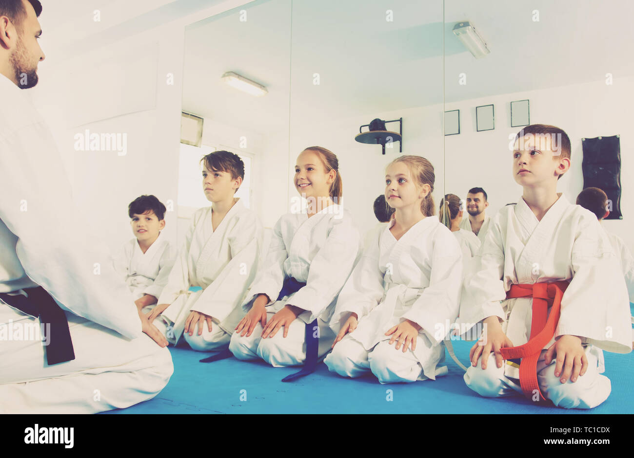 Young boys and girls finding enjoyment in attending karate class Stock ...