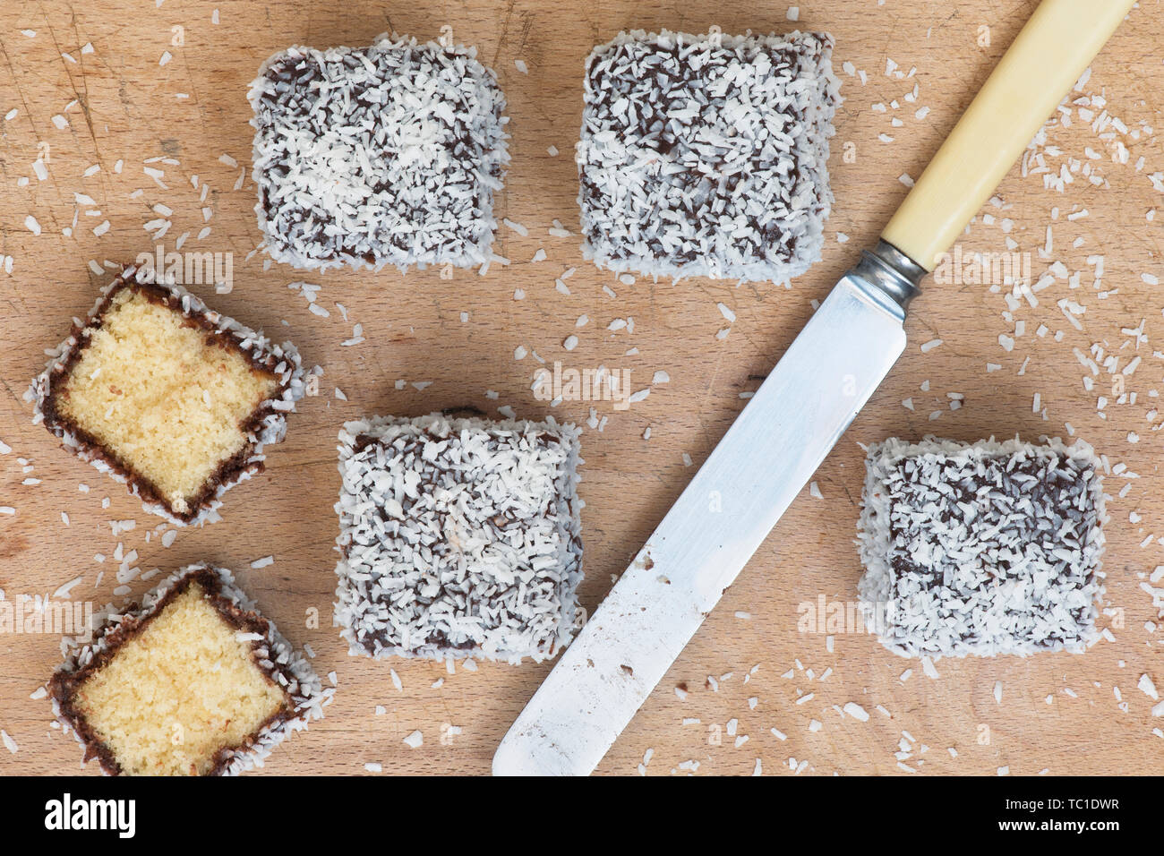 Homemade lamington cakes. Australian cake. Sponge cake cut into cubes ...