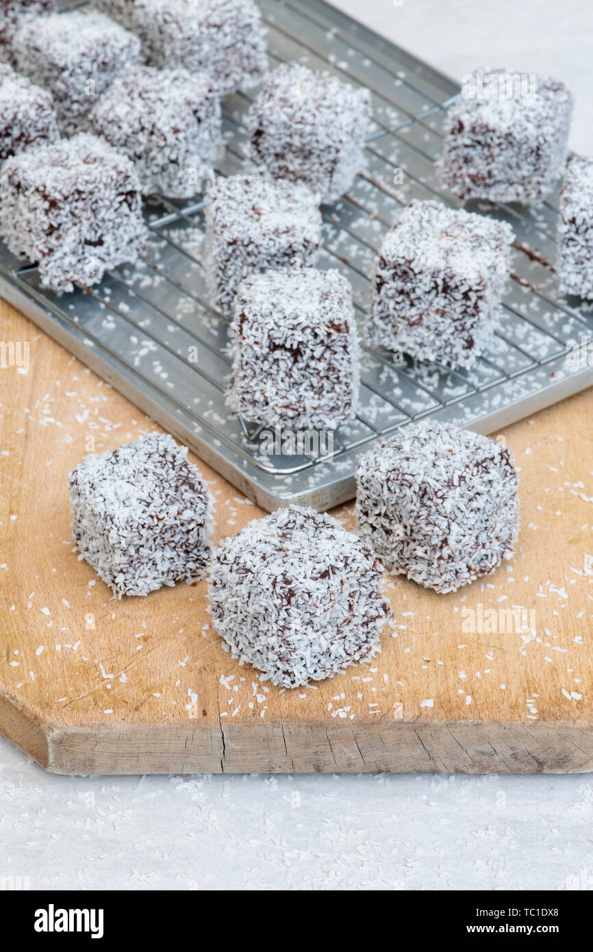 Homemade lamington cakes. Australian cake. Sponge cake cut into cubes ...