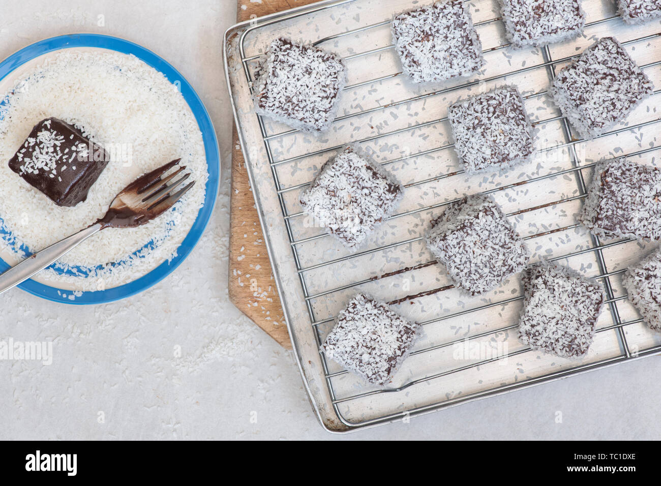 Homemade lamington cakes. Australian cake. Sponge cake cut into cubes ...