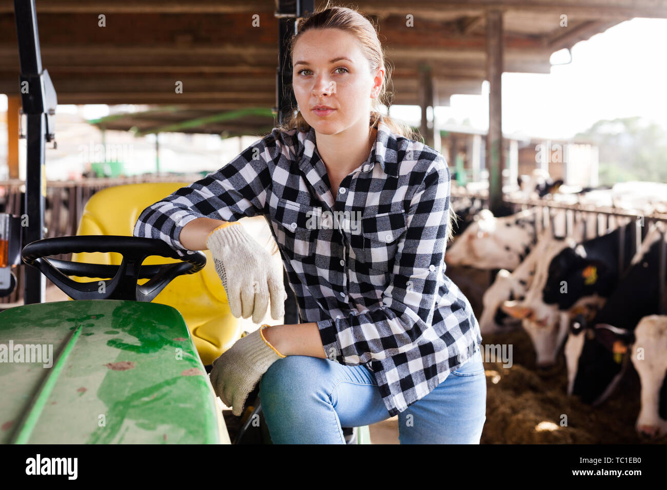 Young female tractor operator working on dairy farm Stock Photo - Alamy