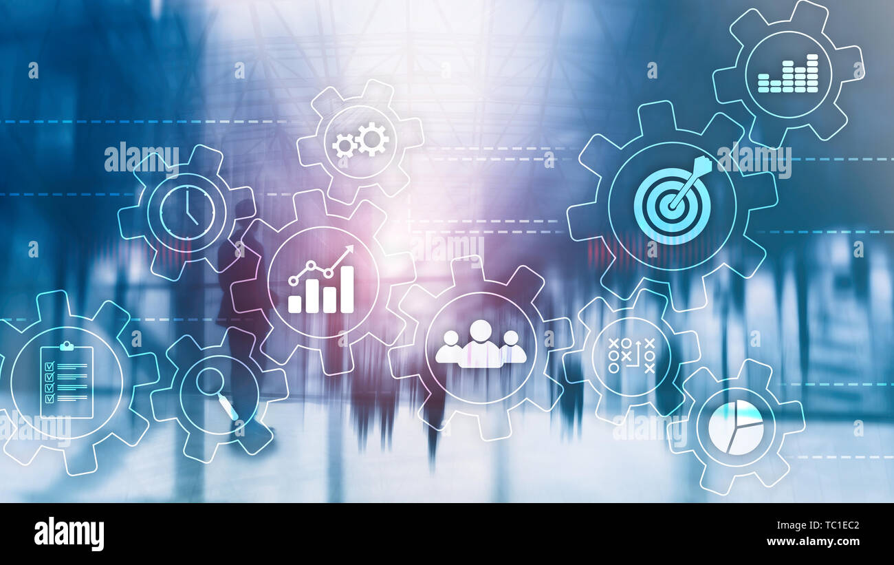 Business process automation concept. Gears and icons on abstract ...