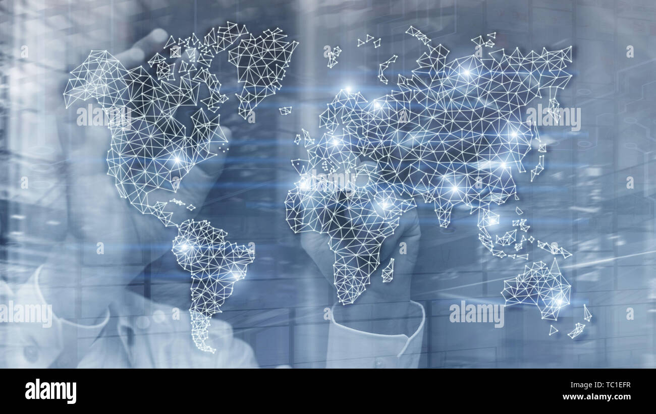 Global World Map Double Exposure Network. Telecommunication ...