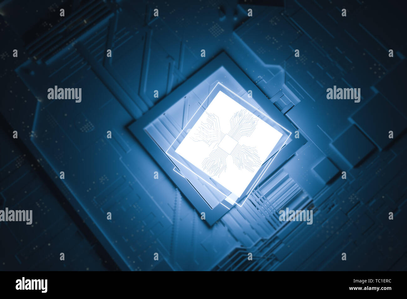 Three-dimensional rendering, circuit board with blue chip Stock Photo ...