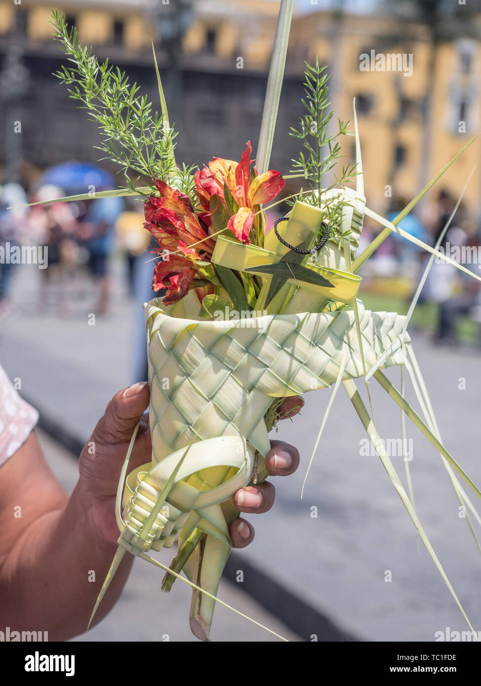 Lima, Peru - March 29, 2018: Peruvian woman showing an Easter palm on ...