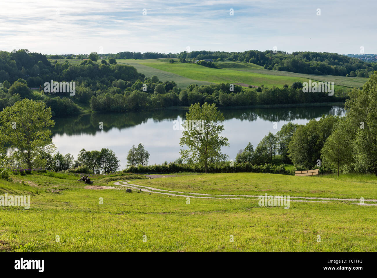 Stunning panorama of the Brodno Male lake and neighbouring hills during ...