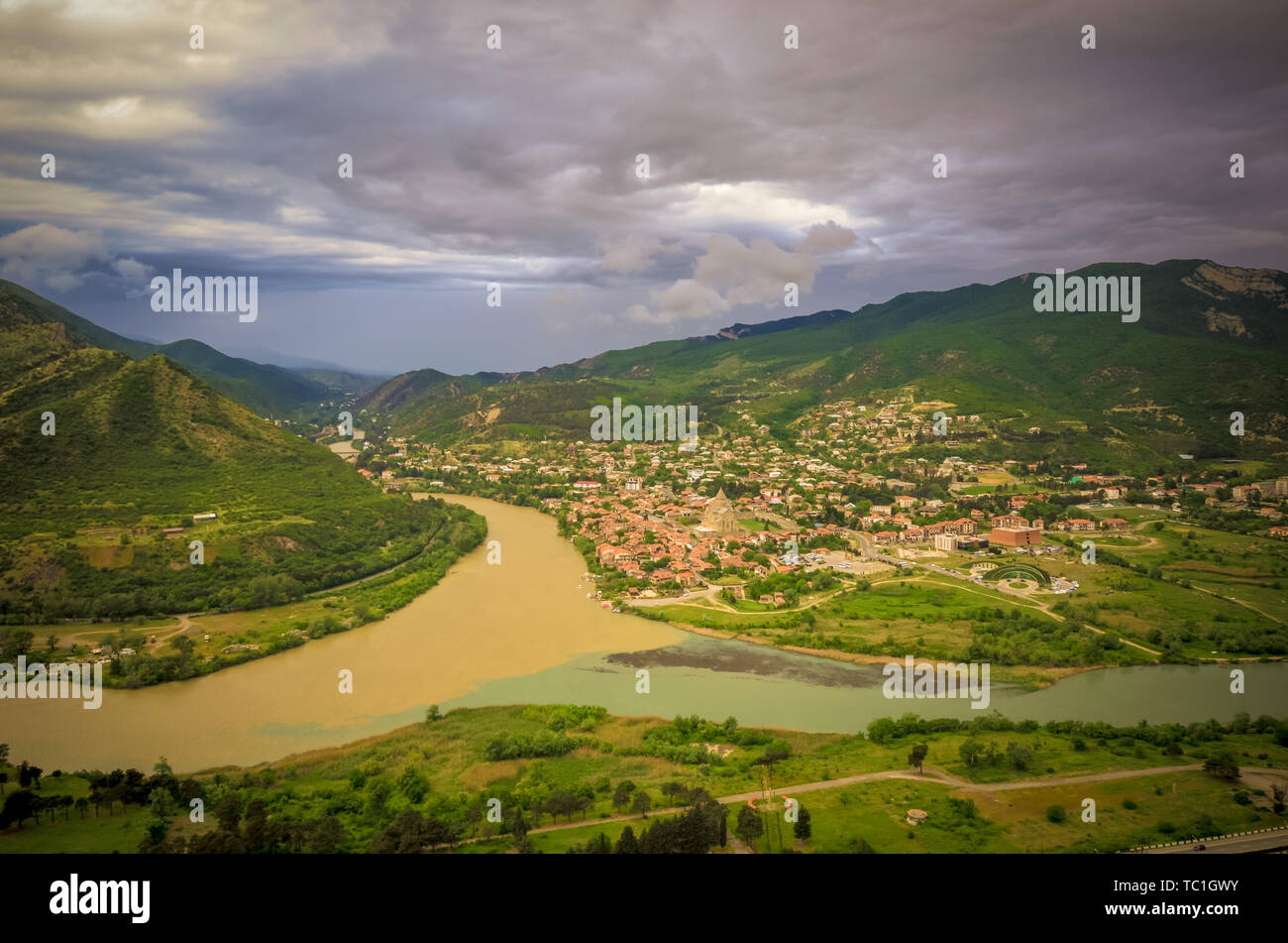 The merger of two rivers Mtkvari and Aragvi in Mtskheta, Georgia - May ...