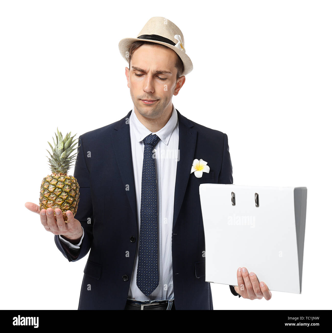 Handsome accountant with documents and pineapple dreaming about ...