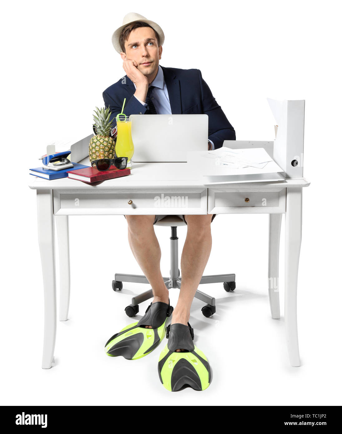 Handsome accountant dreaming about vacation at workplace against white ...