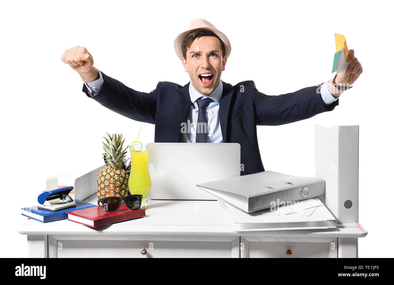 Angry overworked accountant dreaming about vacation at workplace ...