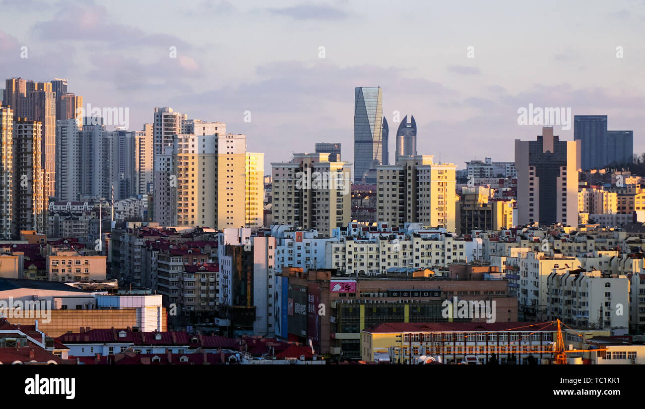At sunset, the scenery outside the high-rise window of Qingdao Stock ...