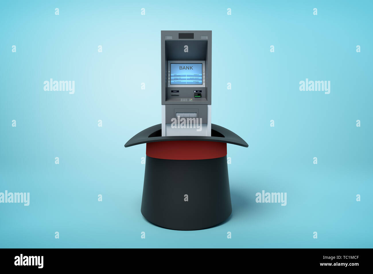 3d rendering of ATM standing in black top hat which is standing upside ...