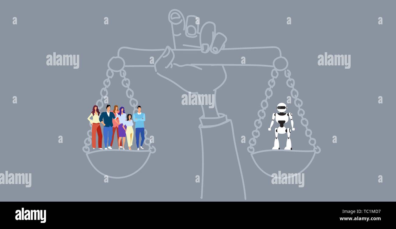hand holding balance scales human vs robot competition concept ...