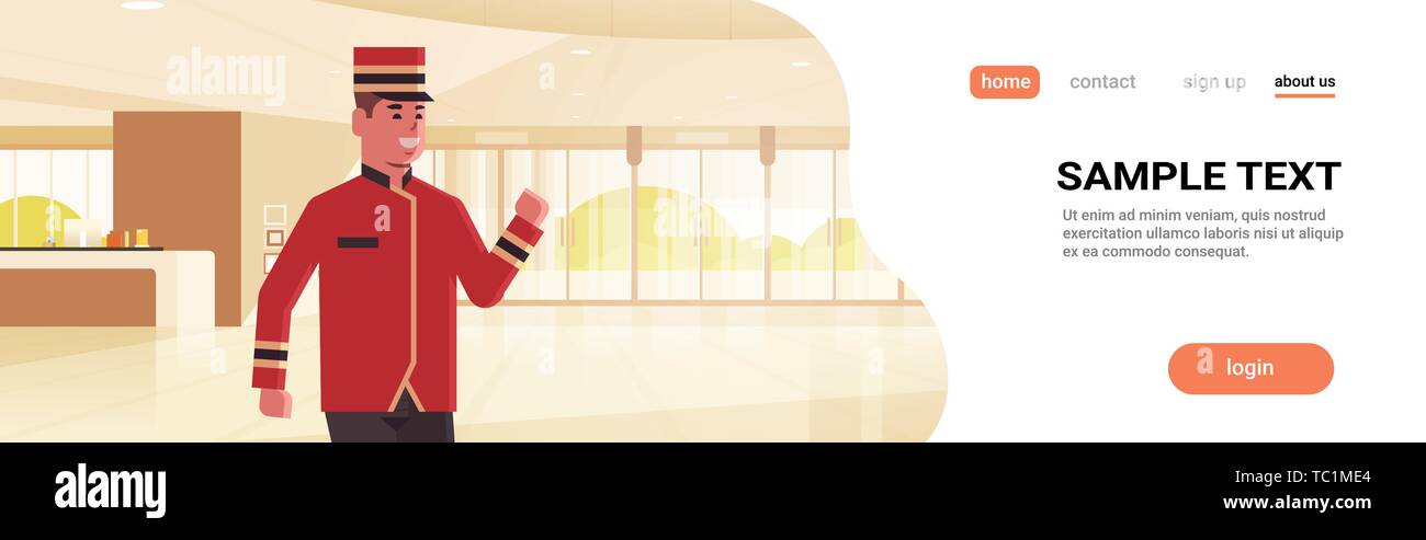 happy bellman male worker in uniform hotel service concept modern ...