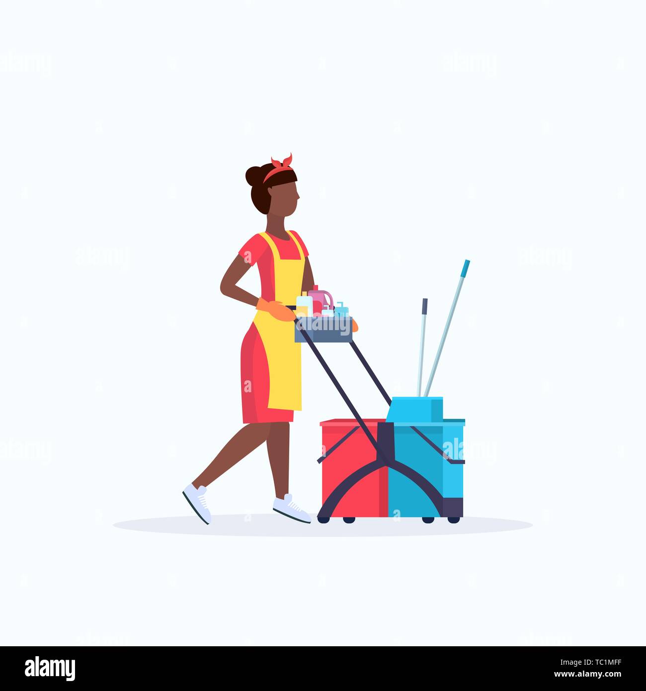 woman holding trolley cart with supplies african american female ...