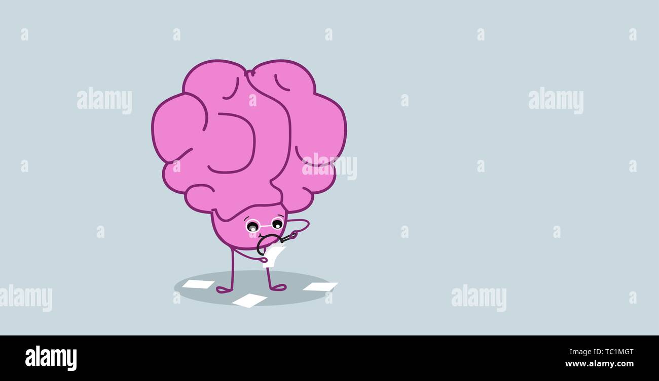 cute human brain holding magnifier zoom analyzing financial graph on ...