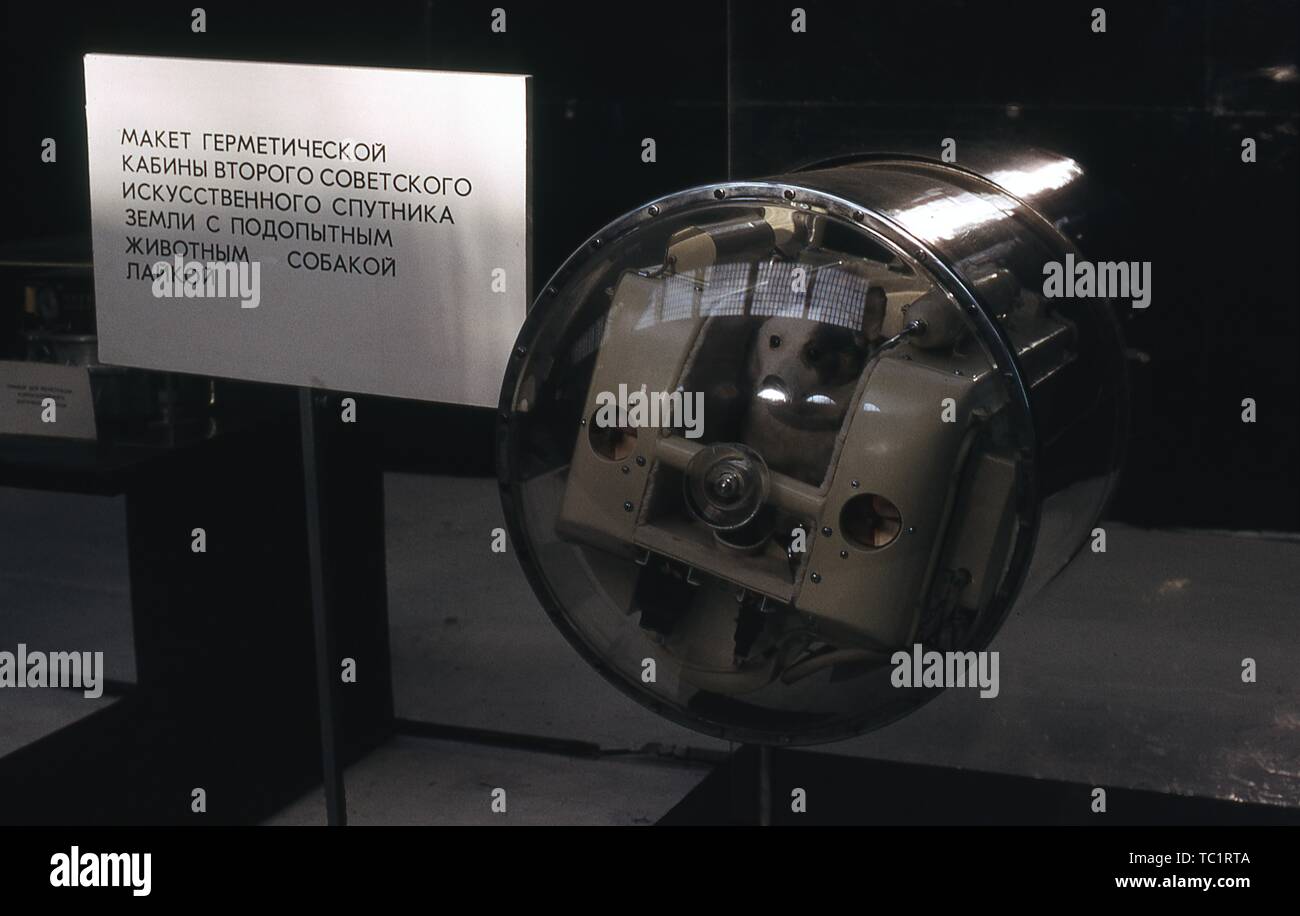 Display of the Sputnik 2 cabin containing a model of Laika the ...