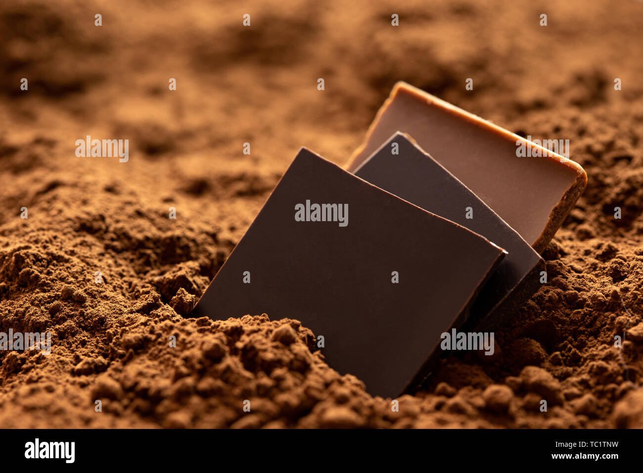 Three squares of dark and milk chocolate sitting in cocoa powder Stock ...