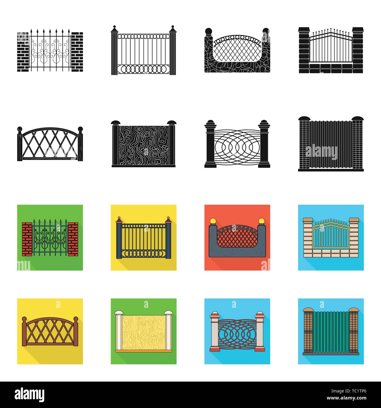 Vector illustration of gate and fence sign. Set of gate and wall stock ...