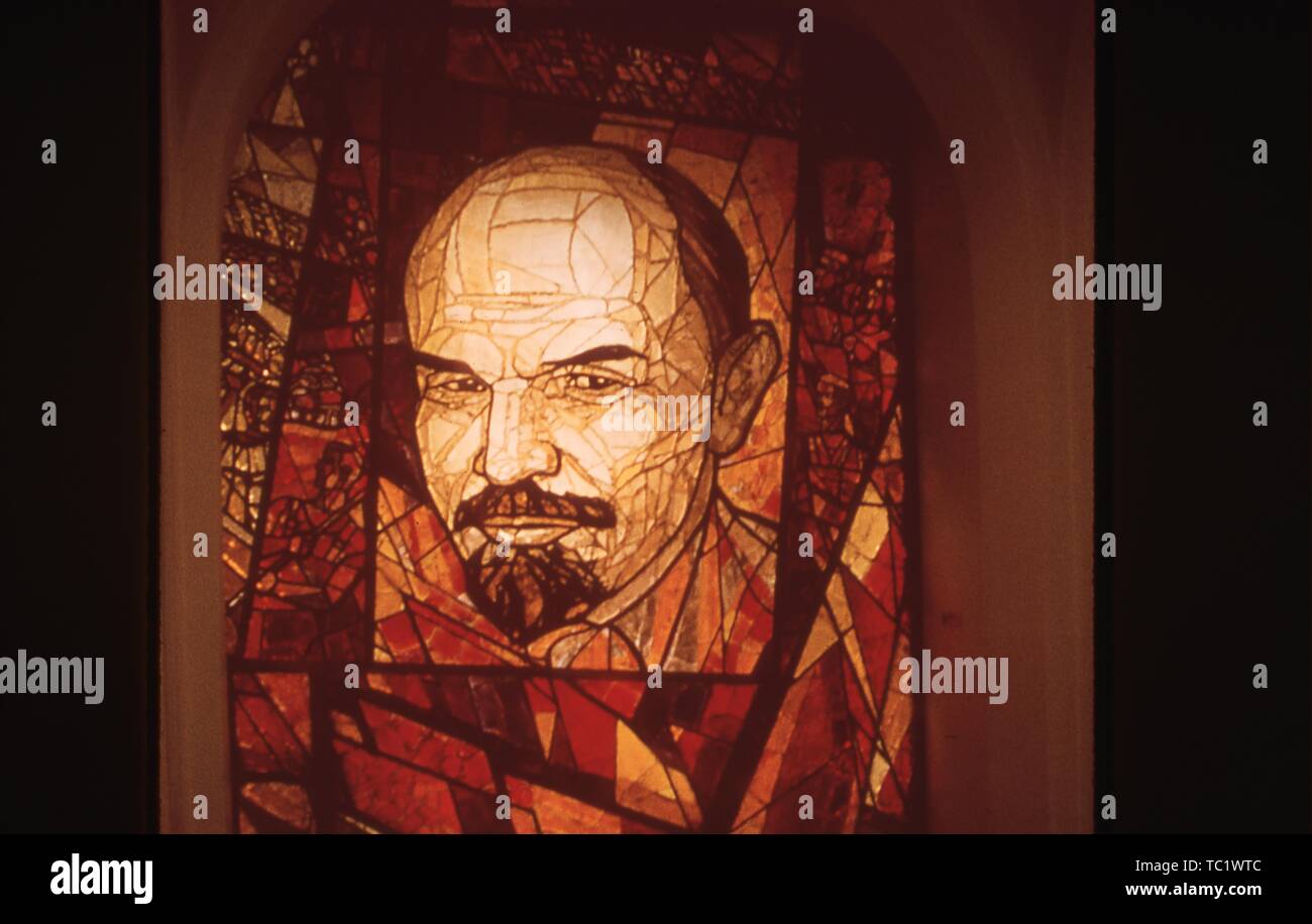 Stained glass portrait of Vladimir Lenin inside the Central Museum of V ...