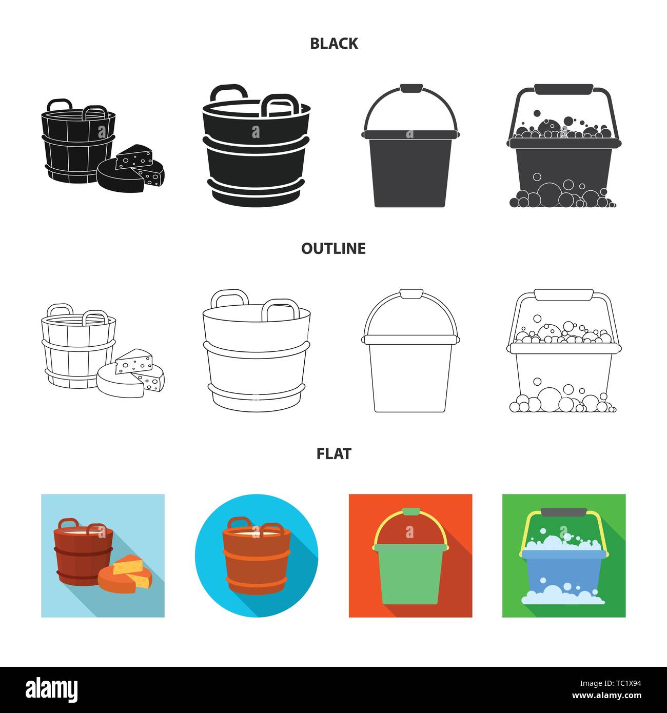 Vector illustration of bucket and water sign. Collection of bucket and ...