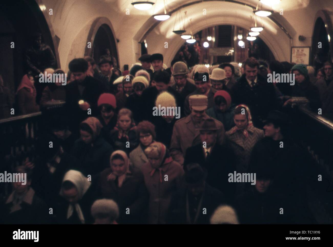 Commuters crowding a staircase inside a Moscow Metro subway station ...