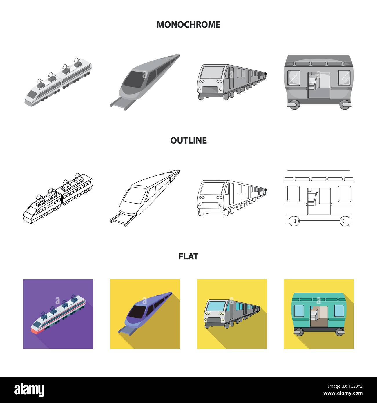 Vector illustration of railroad and train sign. Set of railroad and way ...
