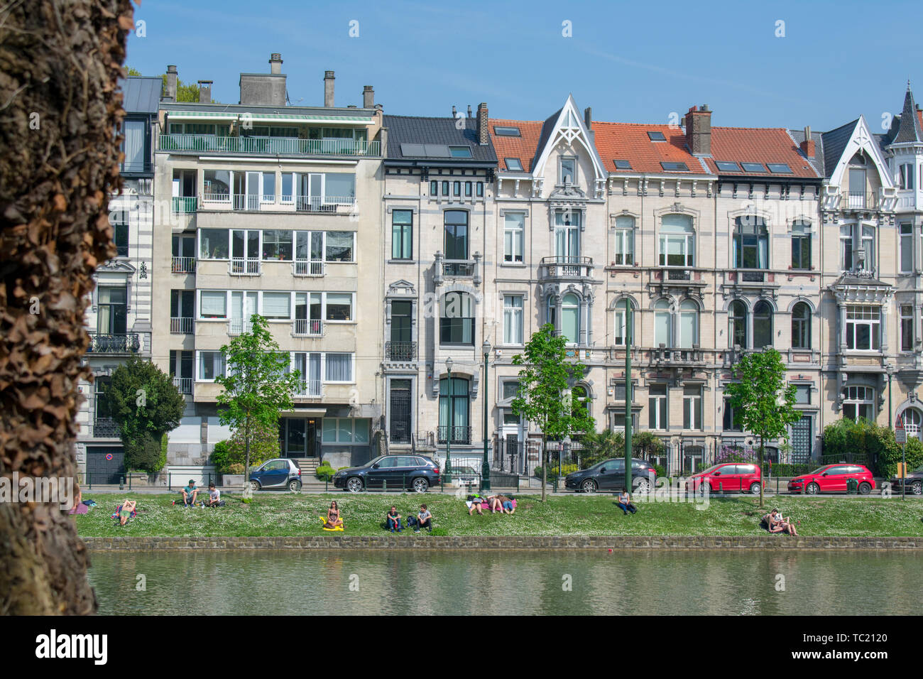 Brussels, Belgium - April 21 2018: People enjoying sunny weather at ...
